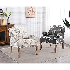 Shunzhi Mid Century Accent Chairs Modern Floral Armchair Upholstered Reading Chair Linen Farmhouse Single Sofa Chair with Pillow for Bedroom/Living Room/Fireplace, Beige, 2PC