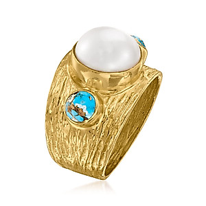Ross-Simons 9.5-10.5mm Cultured Pearl and Turquoise Ring in 18kt Gold Over Sterling. Size 7