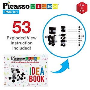 PicassoTiles Magnetic Puzzle Cube Characters + Mini + Black and White, 9pc with 18 Unique Characters Mix & Match Cubes Sensory Toys, 0.5” Pixel 100pcs, 1” 101pcs, Free Ideabook with 53 Ideas Age 3+