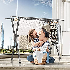 HWAJAN 90 Inches Folding Clothes Drying Rack Indoor Outdoor-Aluminum Collapsible Clothing Drying Racks for Laundry-Heavy Duty Foldable Clothes Dryer Rack with 42 Windproof Hooks,Large,Grey