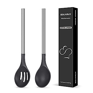 2 Pcs Silicone Cooking Spoons, Solid and Slotted Spoon Set, Non-Stick BPA Free Heat-Resistant Basting Stainless Steel Handle Kitchenware for Cooking, Soup, Serving, Draining, Stirring (black)