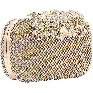 Dexmay Luxury Flower Women Clutch Purse Rhinestone Crystal Evening Bag for Wedding Party Gold