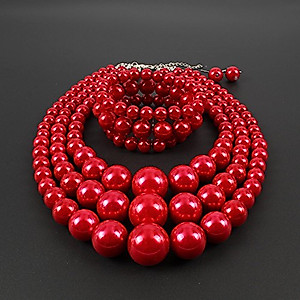 KOSMOS-LI Large Pearl Jewelry Set 3 Layer Simulated Red Pearl Women's Statement 18" Necklace Bracelet and Earrings