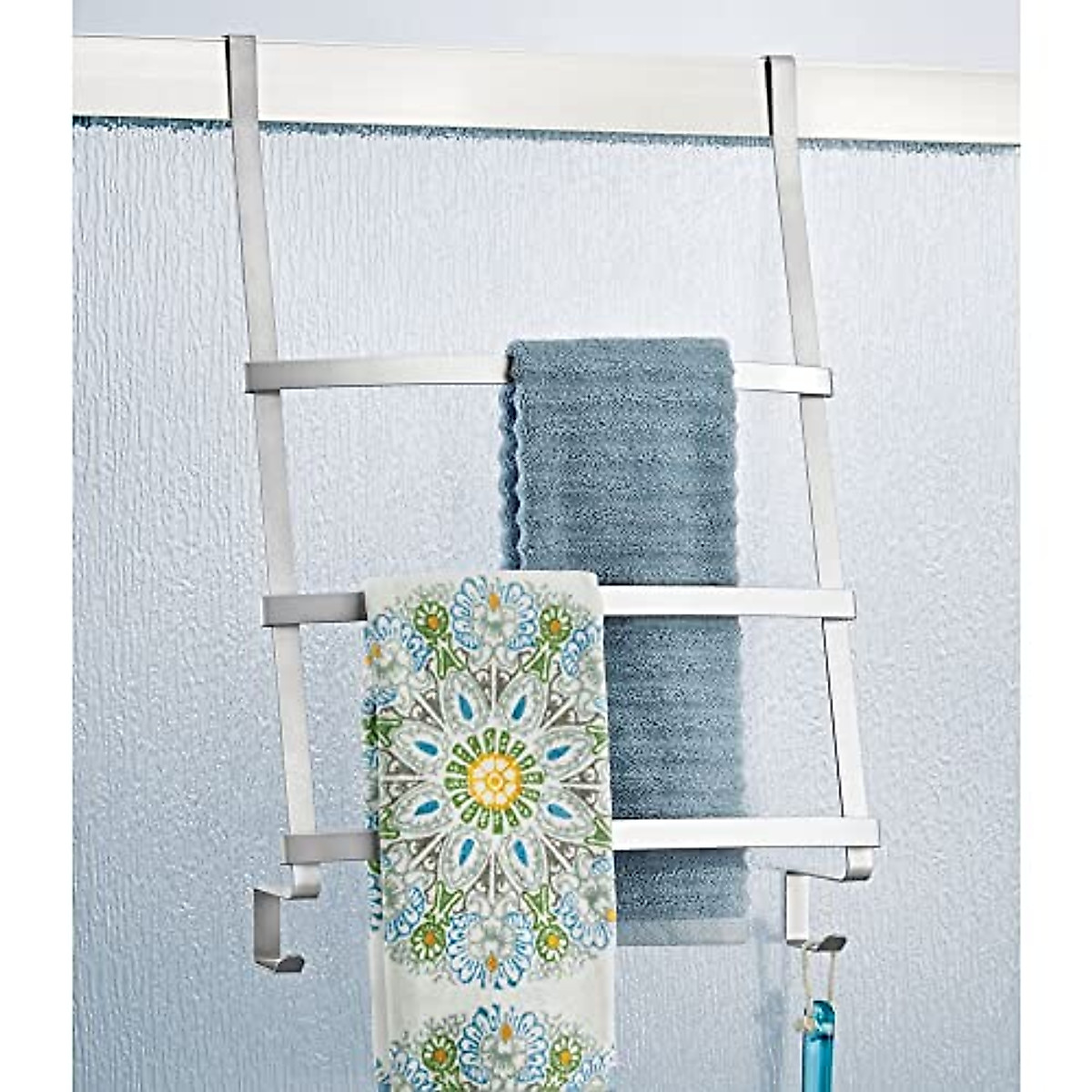mDesign Modern Decorative Metal Over Shower Door Towel Rack Holder Organizer with Storage Hooks - for Bathroom Towels, Washcloths, Hand Towels, Loofahs and Sponges - Chrome