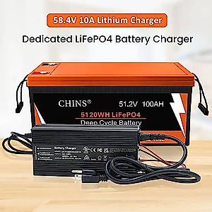 CHINS Bluetooth LiFePO4 Battery Smart 48V 100AH Lithium Battery, Includes 48V 10A Lithium Battery Charger, Perfect for Golf Cart, Trolling Motor, Marine, Peak Current 500A