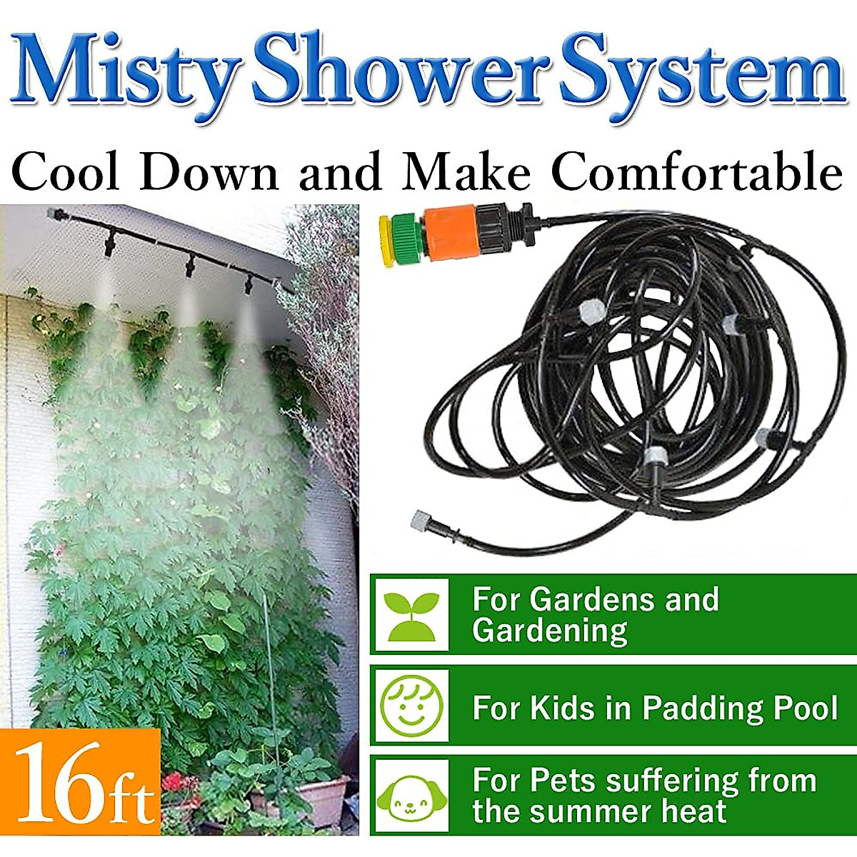 Drip Irrigation System Kit with 16ft Dripping Hose, 1/2, 3/4,1 inch Faucet Connections, 9 Sprinkler Heads, Japard Automatic Watering System for Small Garden, Plant