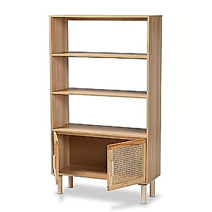 Baxton Studio Faulkner Mid-Century Modern Natural Brown Finished Wood and Rattan 2-Door Bookcase