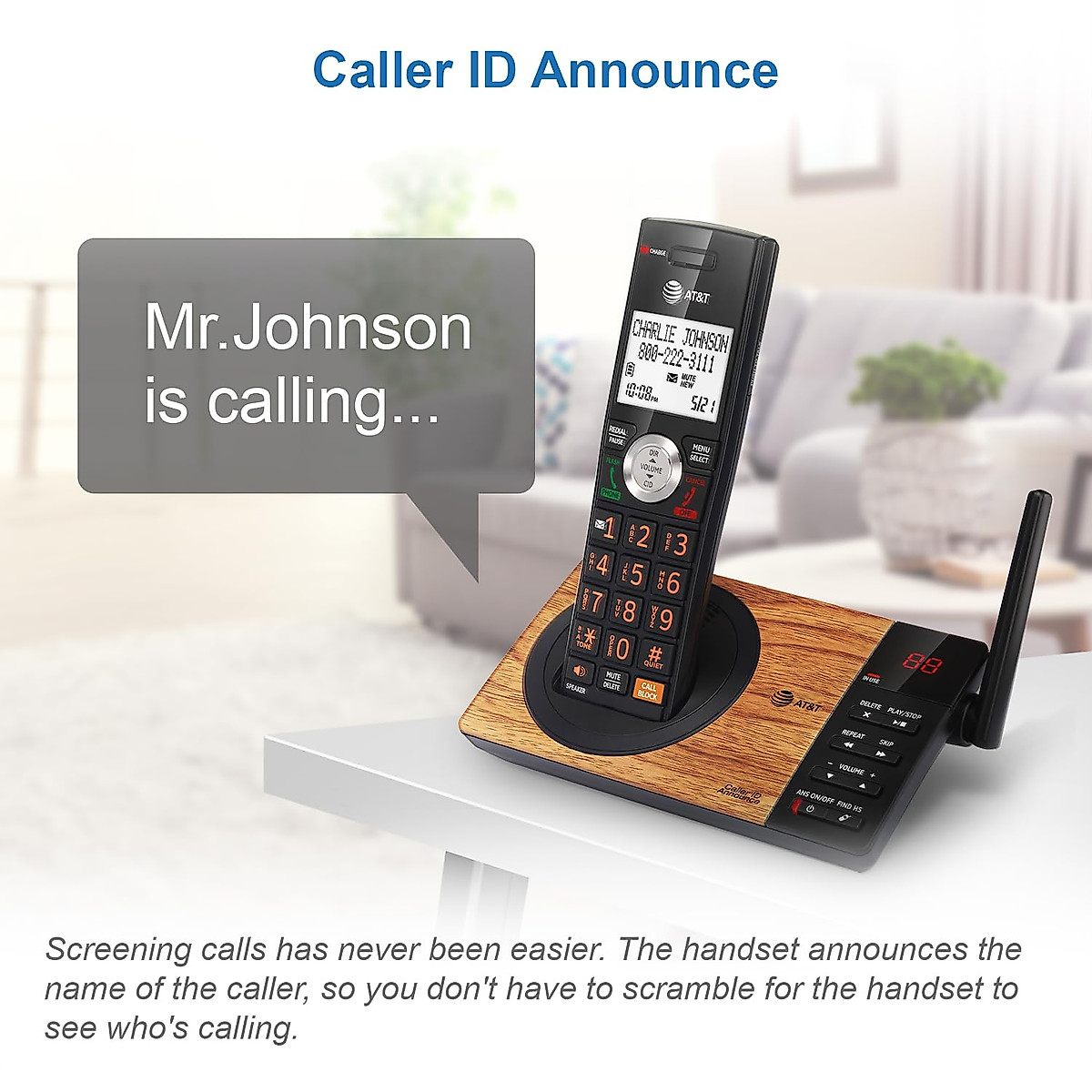 AT&T CL82267 DECT 6.0 2-Handset Cordless Phone for Home with Answering Machine, Call Blocking, Caller ID Announcer, Intercom and Long Range, Black & Wood Grain Finish
