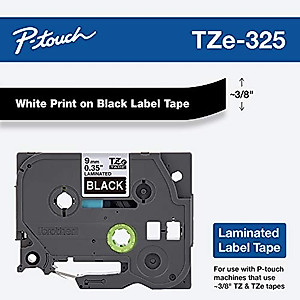 Brother Genuine P-touch TZE-325 Tape, 3/8" (0.35") Wide Standard Laminated Tape, White on Black, Laminated for Indoor or Outdoor Use, Water-Resistant, 0.35" x 26.2' (9mm x 8M), Single-Pack, TZE325
