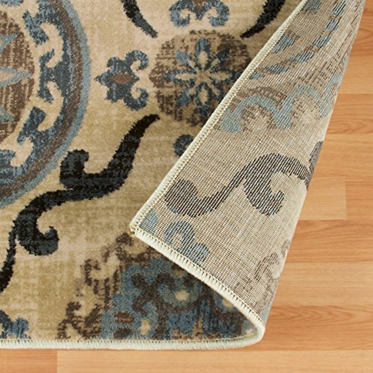 SUPERIOR Abner Collection Area Rug, 10mm Pile Height with Jute Backing, Fashionable and Affordable Rugs, Beautiful Scrolling Medallion Pattern - 5' x 8' Rug, Cream with Blue and Beige