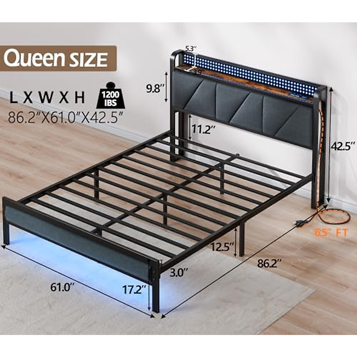 Furnulem Queen Size Bed Frame with LED Lights,Upholstered Storage Headboard with Charging Station and USB Port, Platform Bedframe Queen No Box Spring Needed, Noise Free