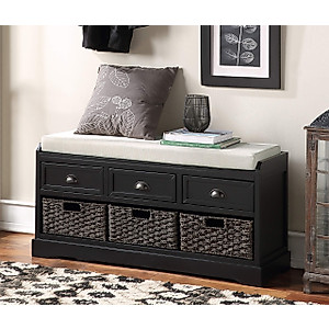 SOFTSEA Wood Storage Bench with Cushion, 3 Drawers and 3 Rattan Baskets for Entryway, Hallway, Living Room (Black)