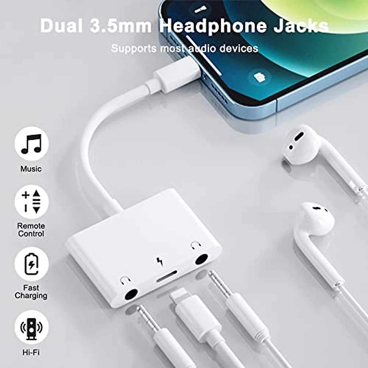 LXJADAP iPhone Headphone Splitter,3 in 1 Dual 3.5mm Headphone Jack Adapter, with Charging iPhone Splitter, Compatible with iPhone 14/13/12/11/X/8/8plus/7/7plus/iPad-Support iOS 16