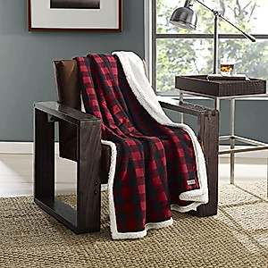 Eddie Bauer,Polyester Throw Blanket with Pillow Reversible Flannel/Sherpa Bedding Set, Buffalo Plaid Home Decor for All Seasons, 1 Count (Pack of 1), Red/Black Check