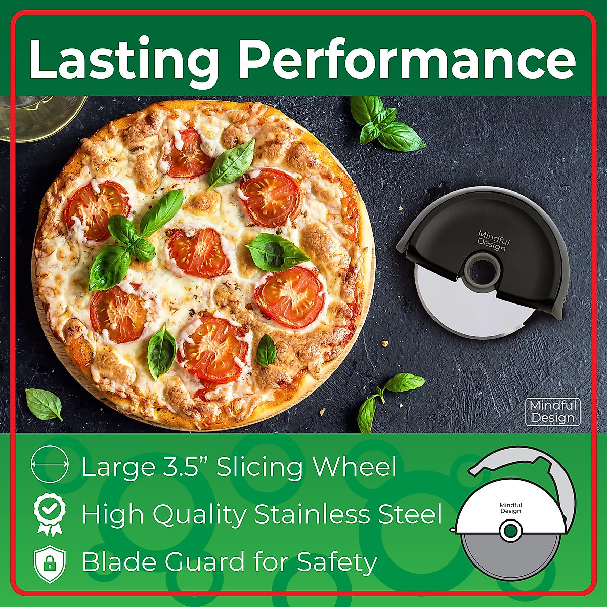 Mindful Design Pizza Cutter Wheel with Protective Blade Cover, Easy to Clean and Dishwasher Safe Handheld Pizza Slicer