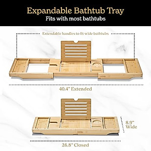 SMIRLY Expandable Bamboo Bathtub Tray, Bath Tray for Tub, Bathtub Accessories, Bath Tub Tray Wood, Bath Accessories, Bath Caddy, Bathtub Caddy Tray for Tub, Bath Table Tray