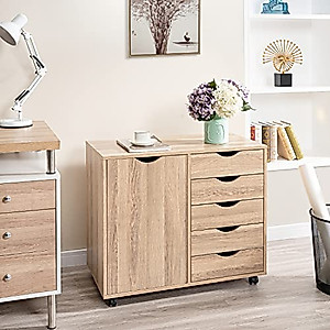 Naomi Home Amy 5 Drawer Chest, Wood Storage Dresser Cabinet with Wheels, Craft Storage Organization, Makeup Drawer Unit for Closet, Bedroom, Office File Cabinet 180 lbs Total Capacity - Natural