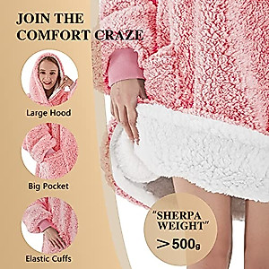 greenoak Blanket Hoodie Oversized Sherpa Wearable Blanket Sweatshirt, Ultra Soft Fuzzy Fleece Hooded Blanket, Plush Cozy Warm Reversible Sherpa Hoodie Blanket for Women Men Adult Teen (Large, Pink)