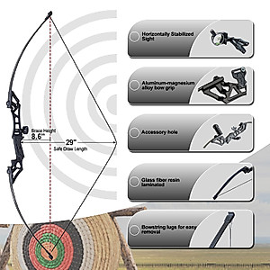 EinMAIQi Archery Set 51'' Bow and Arrow Adult 30LB 40LB Takedown Recurve Bow Set,Aluminum Riser Long Bow Kit for Right Handed Outdoor Training Bow Black Straight Bow (40lb)