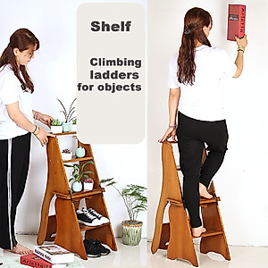 LUCEAE Step Stool,4 Tier Folding Wooden Seat Portable Shoe Closet High Stool Eco-Friendly Water Paint Reinforced Hinged Ladder Stool Tongue and Groove Structure Smooth Ladder Body,Safe and Sturdy Dura