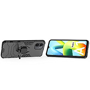 Compatible with Xiaomi Redmi A1 / Redmi A2 Case Kickstand with Tempered Glass Screen Protector [2 Pieces], Hybrid Heavy Duty Armor Dual Layer Anti-Scratch Phone Case Cover, Black