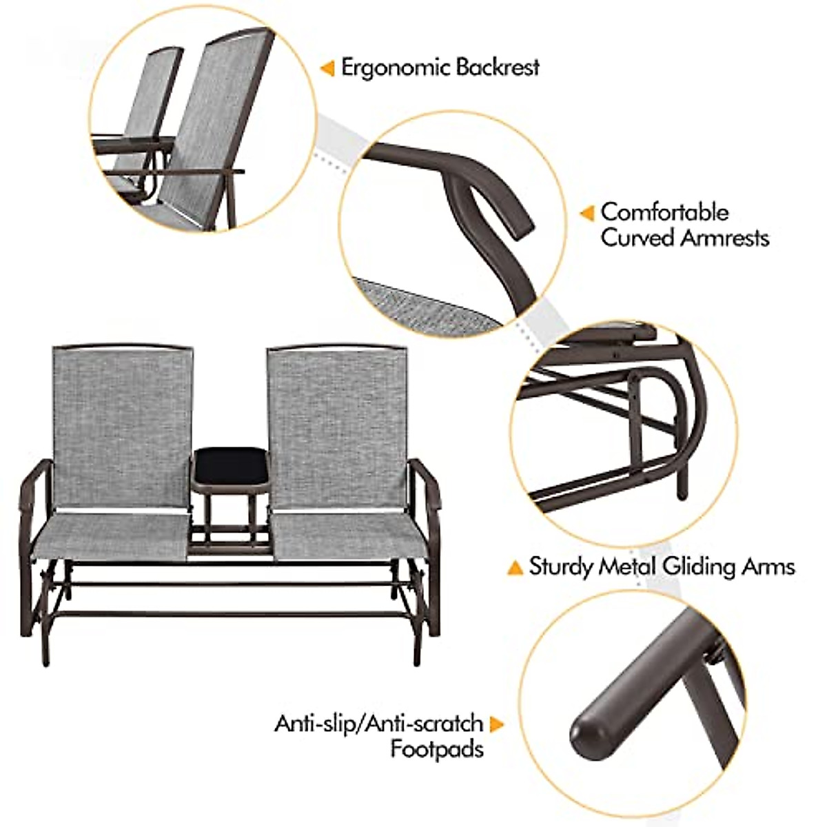 Yaheetech 2-Seat Outdoor Glider with Center Table, Patio Rocking Loveseat with Breathable Mesh Sturdy Metal Frame for Garden Pool Lawn