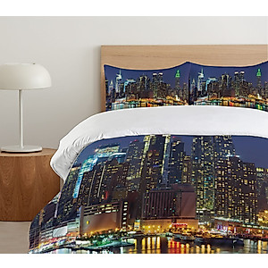 Ambesonne New York Duvet Cover Set, NYC Midtown Skyline in Evening Skyscrapers Metropolis City States Photo, Decorative 3 Piece Bedding Set with 2 Pillow Shams, Queen Size, Royal Blue