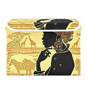 innewgogo Silhouette Beautiful African Woman Storage Bins with Lids for Organizing Organizer Basket with Lid with Handles Oxford Cloth Storage Cube Box for Car
