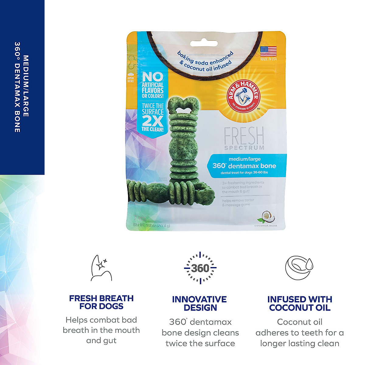 Arm & Hammer for Pets Fresh Spectrum 360 Degree Dentamax Bone, Medium/Large - 7 pcs | Arm and Hammer Baking Soda Dog Dental Bone Chew Treat | Dental Treats for Dogs, Chew Bone for Dogs