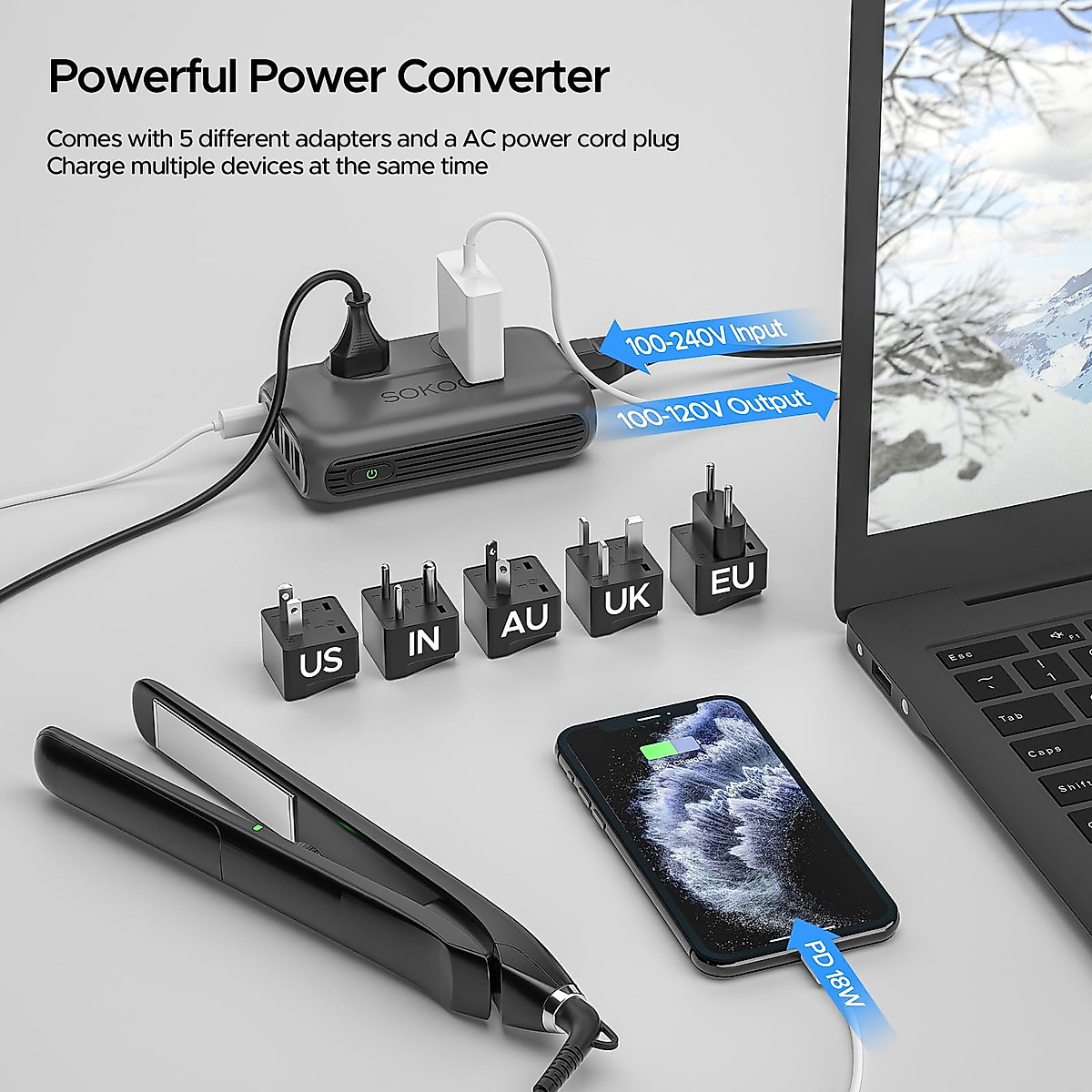 SOKOO International Power Adapter 220v to 110v Converter, Voltage Converter US to Europe with 3 USB A and 1 USB C Step Down Power Converter Adapter Combo for Curling Irons and Hair Straighteners