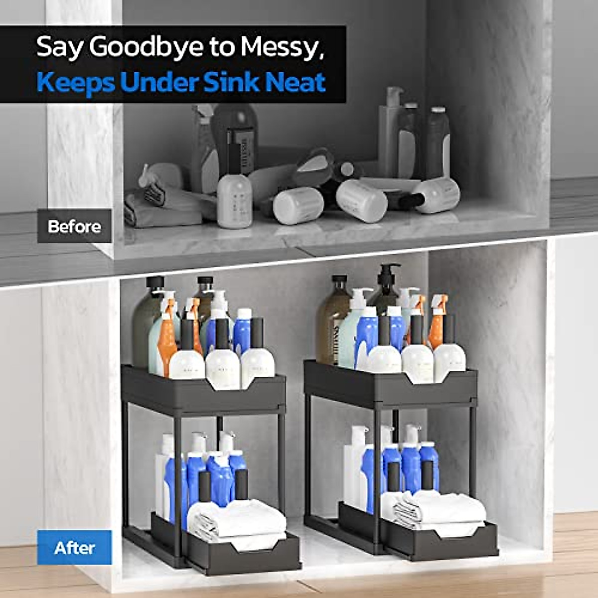 Verdenu Under Sink Organizer, 2 Tier Sliding Drawer Pull Out Organizer and Storage, Under Cabinet Organizer, Bathroom Organizer Under Sink with Hanging Cups and 4 Hooks for Bathroom, Kitchen