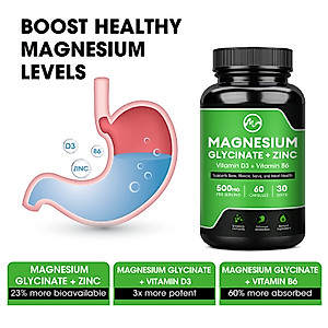 Magnesium Glycinate Capsules, Magnesium Glycinate Supplement with Magnesium Glycinate 500 mg, Zinc, Vitamin D3 & B6 - Promotes Nerve, Bowel, Relaxation Function - 60 Vegan Capsules