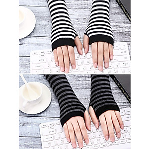 4 Pairs Women Knit Arm Warmers Long Fingerless Gloves Knitted Elbow Length Gloves Thumb Hole Gloves Winter (Black White, Black Grey, Black Blue, Black Coffee)