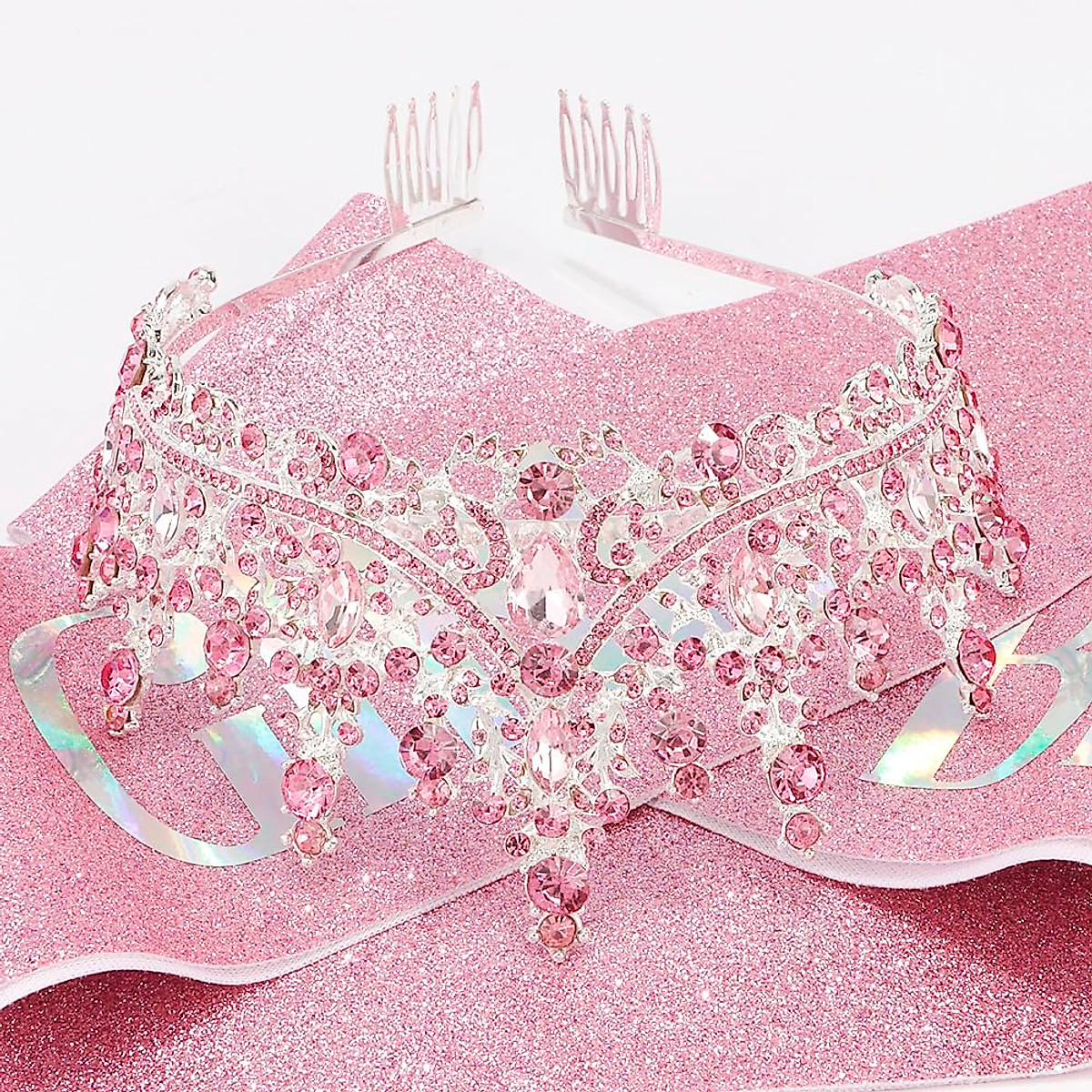ATODEN Birthday Girl Tiara Queen Crown Pink Tiaras and Crowns for Women Girls Crystal Princess Tiara Rhinestone Headbands Quinceanera Crown Headpieces Birthday Decorations
