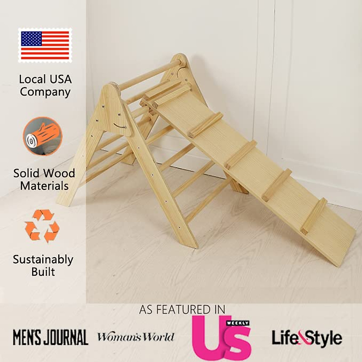 Avenlur Olive 3 in 1 Foldable Triangle Ladder and Slide - Montessori Climbing Set - Indoor Wood Climbing Gym for Children Ages 1 to 6 Years - Baby Climbing Triangle (Natural, Medium)