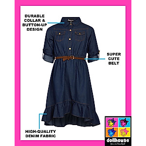 dollhouse Girls' Denim Casual Dress - Long Sleeve Jean Dress for Girls - Winter Holiday Dresses for Girls (7-16), Size 10-12, Dark