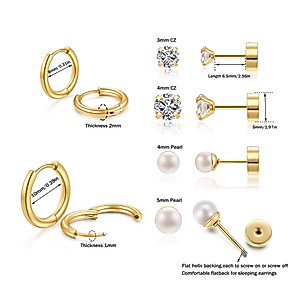Minimalist Earring Sets for Multiple Piercing|14K Gold Plated Flat Screw Back Studs and Hoops Set for Women:Small Hoops,Flat back Pearl and CZ Earrings Studs for Cartilage,Helix,Lobe,Pack of 6 Pairs
