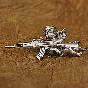 925 Sterling Silver gun and Angel Pendant Necklace ~ Peace and War Charms Pendant and SS 316 24" chain ~ guardian angel of war ✬✬✬By Fantasy World✬✬✬ (2, Silver Pendant + SS316 Chain)