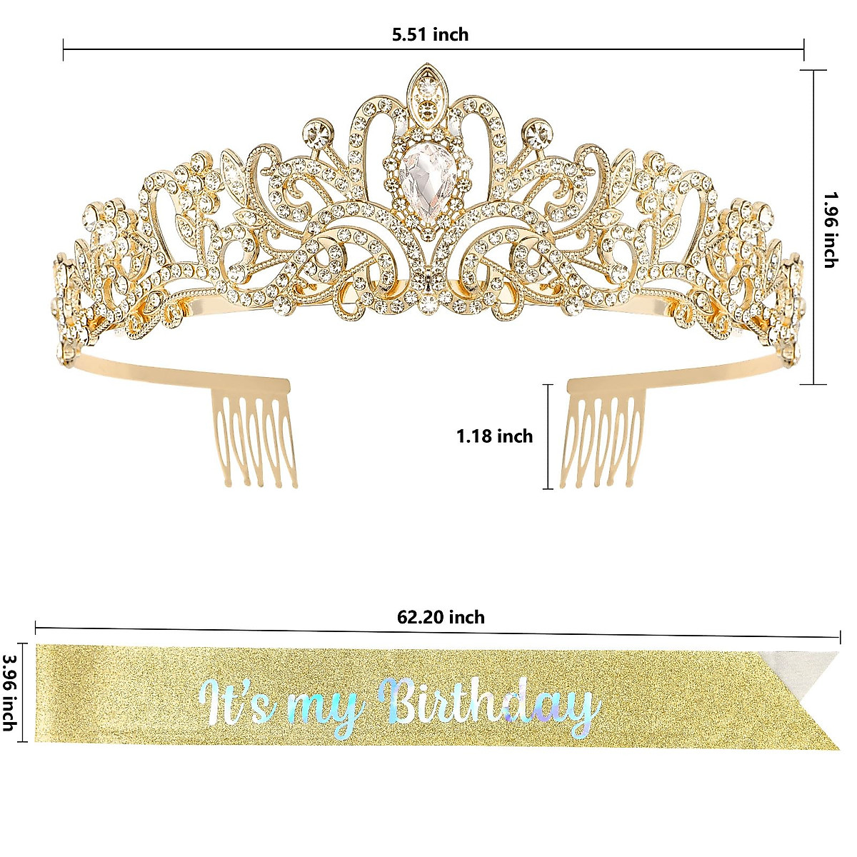 YISSION Birthday Girl Sash & Crown Gold Princess Tiara Crown for Women Girls Happy Birthday Queen Crown & Sash Birthday Tiaras & Crowns for Women Crystal Birthday Headband Birthday Party Decorations