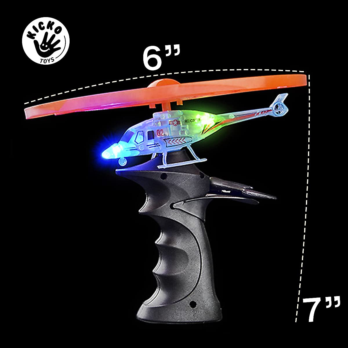 Kicko Flying Light-Up Toy - 2 Pack Ripcord Helicopter for Night Glow, Outdoor Playtime, Novelty, Rocket Flyer, Party Favor and Supply