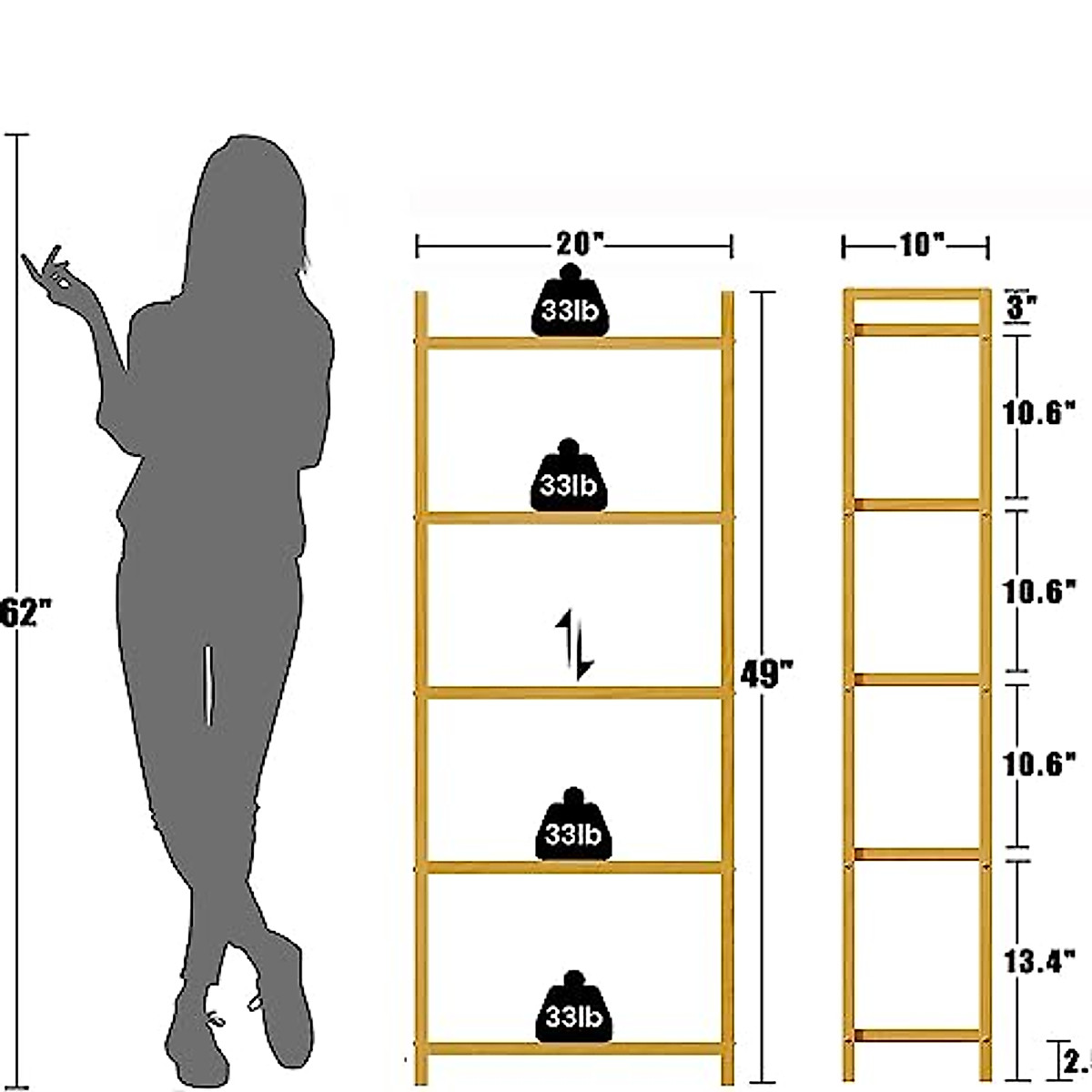 BeiBeGood Bookshelf, 5-Tier Bamboo Ladder Shelf 49” Tall Book Shelf Organizer, Free Standing Storage Unit for Bathroom/Living Room/Bedroom/Kitchen/Office,Rust Resistance,Natural