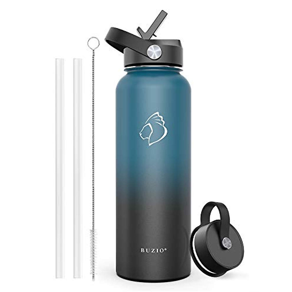 BUZIO Water Bottle with Straw Lid and Flex Cap, 40oz Modern Double Vacuum Stainless Steel Water Flask, Cold for 48 Hrs Hot for 24 Hrs Simple Thermo Canteen Mug, Indigo Black