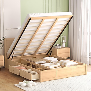Harper & Bright Designs Lift Up Storage Bed, Queen Platform Bed Frame with Storage Underneath, Queen Size Bed with 2 Drawers, Queen Storage Bed for Bedroom, No Box Spring Needed, Natural