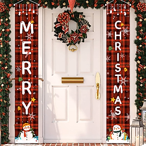 Merry Christmas Banner Christmas Porch Sign Decorations - Red Black Buffalo Plaid Outdoor Xmas Decor, Hanging Christmas Banner for Indoor Outside Front Door Garage Holiday Party Wall Decor