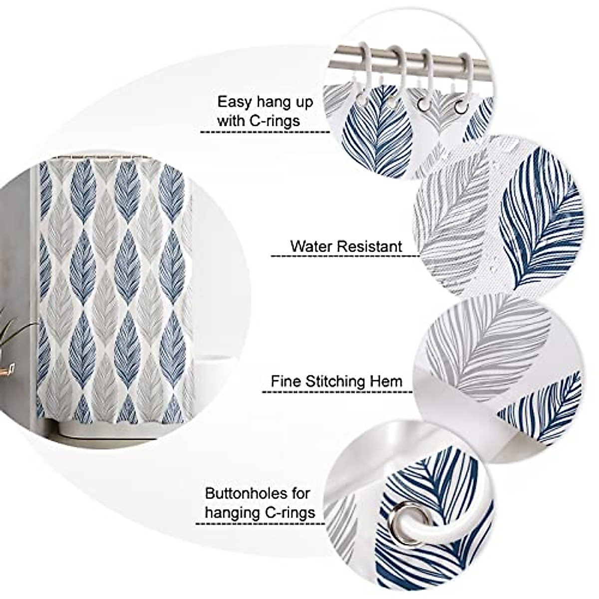 4 Pcs Shower Curtain Set with 12 Hooks Grey and Navy Blue Olive Leaf Texture Watercolor Hand Drawn Bathroom Sets with Non-Slip Bath Mat Toilet Lid Cover Waterproof Durable Shower Curtain and Rugs