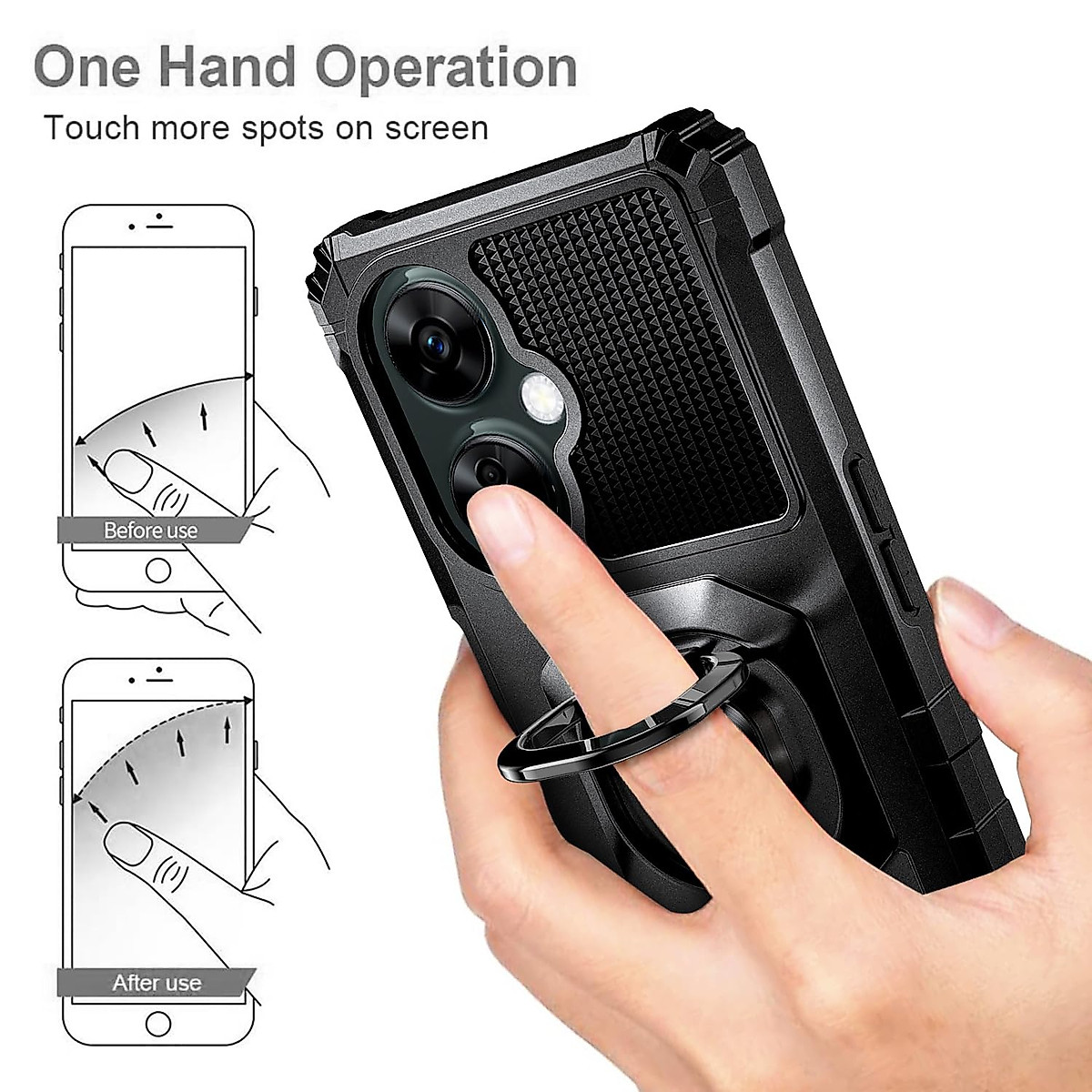 NZND Designed for OnePlus Nord N30 5G Phone Case, Full-Body Protective [Military-Grade], Magnetic Car Ring Holder Cover Case with Tempered Glass Screen Protector (Black)