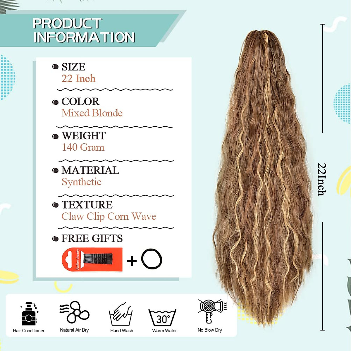 YEAME Wavy Ponytail Extension Claw Clip, 22 Inch Corn Wave Pony Tail Synthetic Brown Mixed Blonde Hair, Long Curly Jaw Ponytail Hair Extainson for Women Girls (Brown Mixed Blonde)