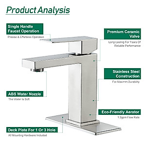 VOTON Brushed Nickel Bathroom Faucets Single Handle Modern Vanity Sink Faucet 1 Hole or 3 Hole with Deck Plate and Water Supply Hoses, Stainless Steel Bathroom Faucet Lead-Free