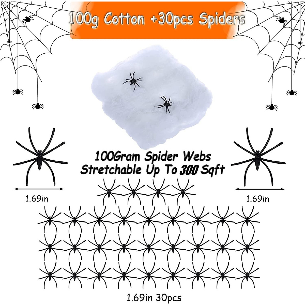 Spider Webs Halloween Decorations,300Sqft Spider Webs with30 Fake Spiders,Stretchable DIY Cobwebs for Indoor/Outdoor Scary Atmosphere,Outside Garden Window Yard Tree home office Parties,Haunted Houses