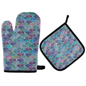 Poeticcity Colorful Mermaid Tail Scales Ocean Wave Blue Green Teal Purple Oven Mitts Pot Holders Sets, Potholder Hot Pads Heat Resistant Kitchen Oven Gloves for Cooking Baking Grilling Barbecue